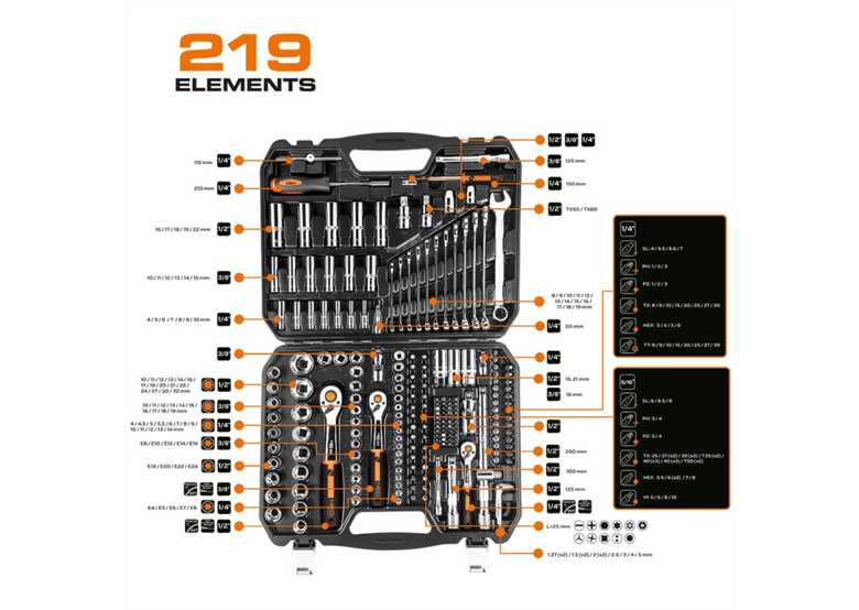 Klucze nasadowe CRV 1/2", 3/8", 1/4", zestaw 219 elementów Neo 10-076 | Narzedzia.pl